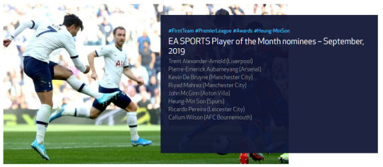 손흥민, EPL 9월의 선수 후보군 포함… KDB·오바메양과 경쟁