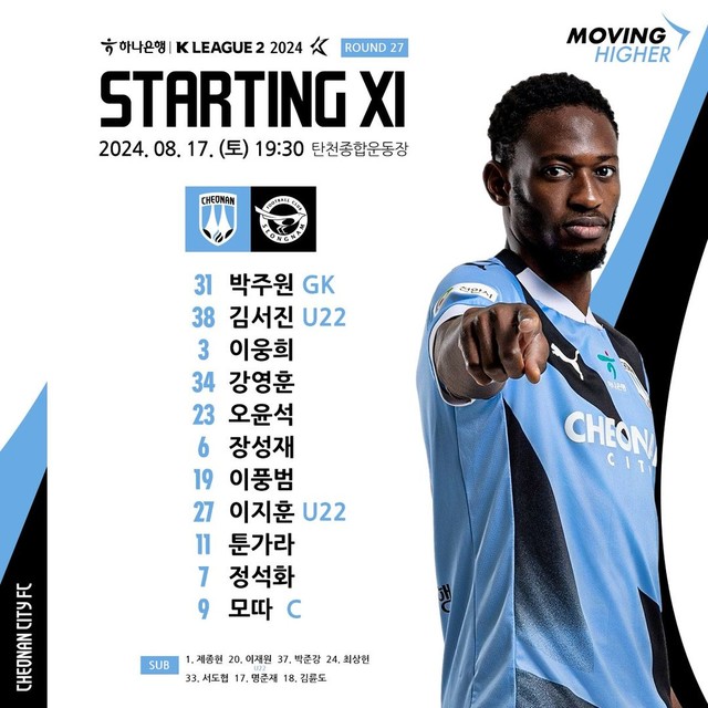 [b11 현장] 성남-천안 K리그2 27R 선발 라인업 공개… 이중민 VS 툰가라